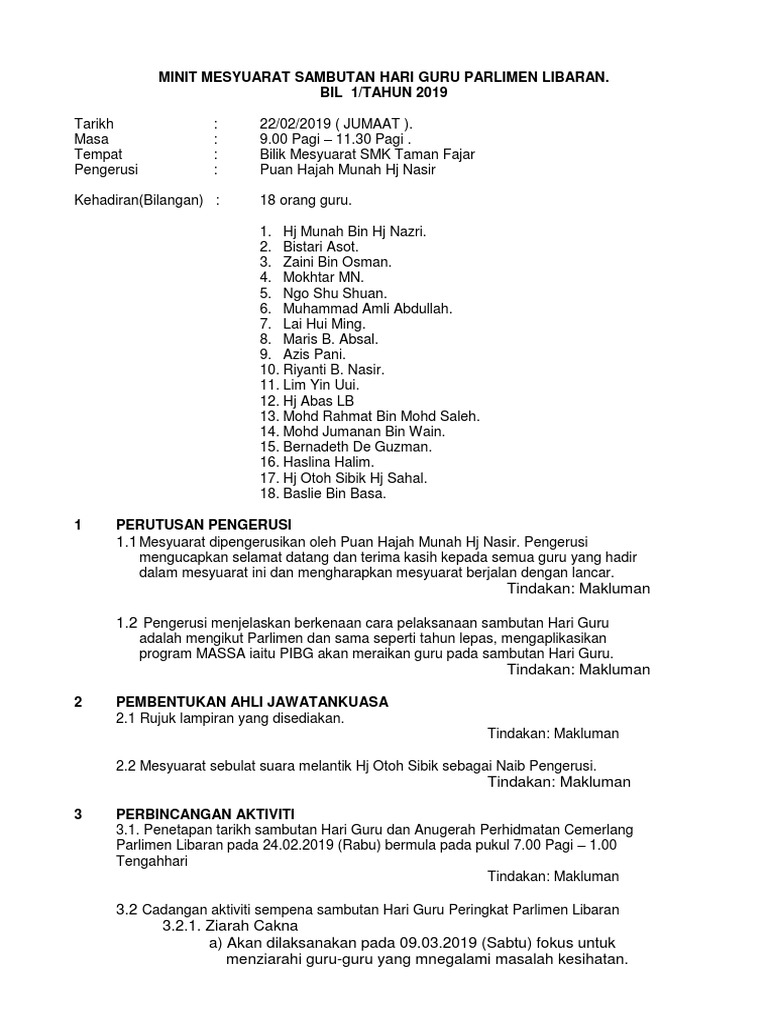 Contoh Minit Mesyuarat | PDF