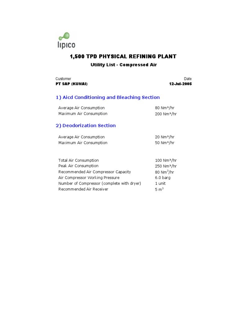 Compressed Air Utility for 1500 TPD Plant | PDF
