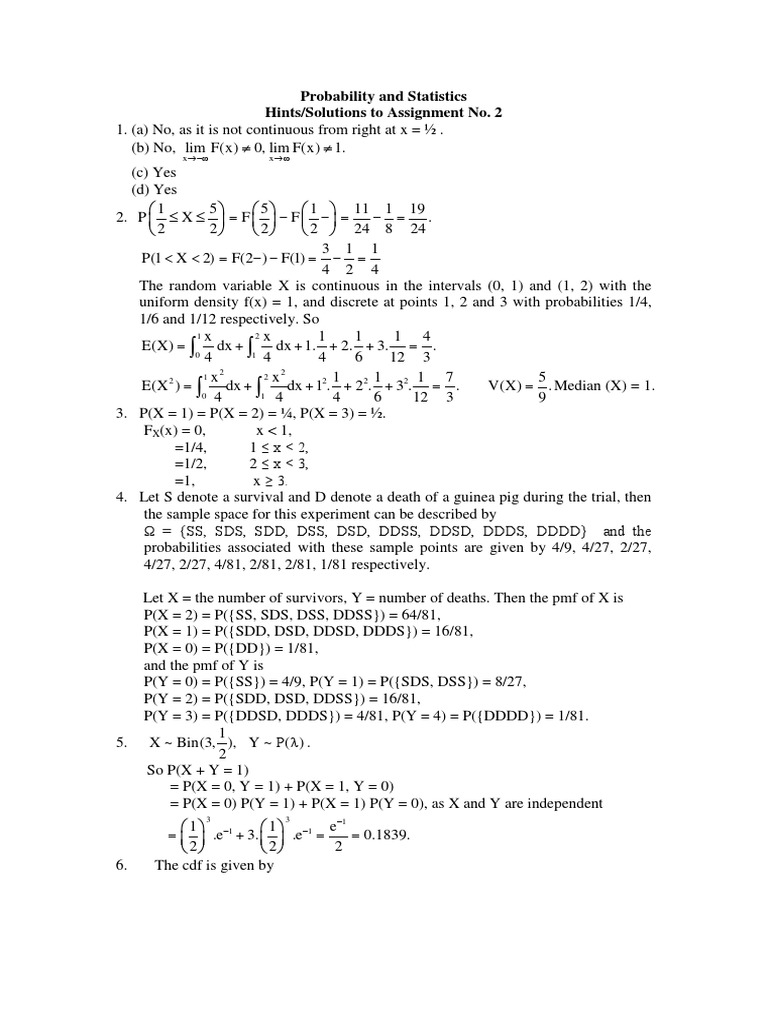 Probability and Statistics Hints/Solutions To Assignment No. 2 | PDF | Analysis | Statistical ...