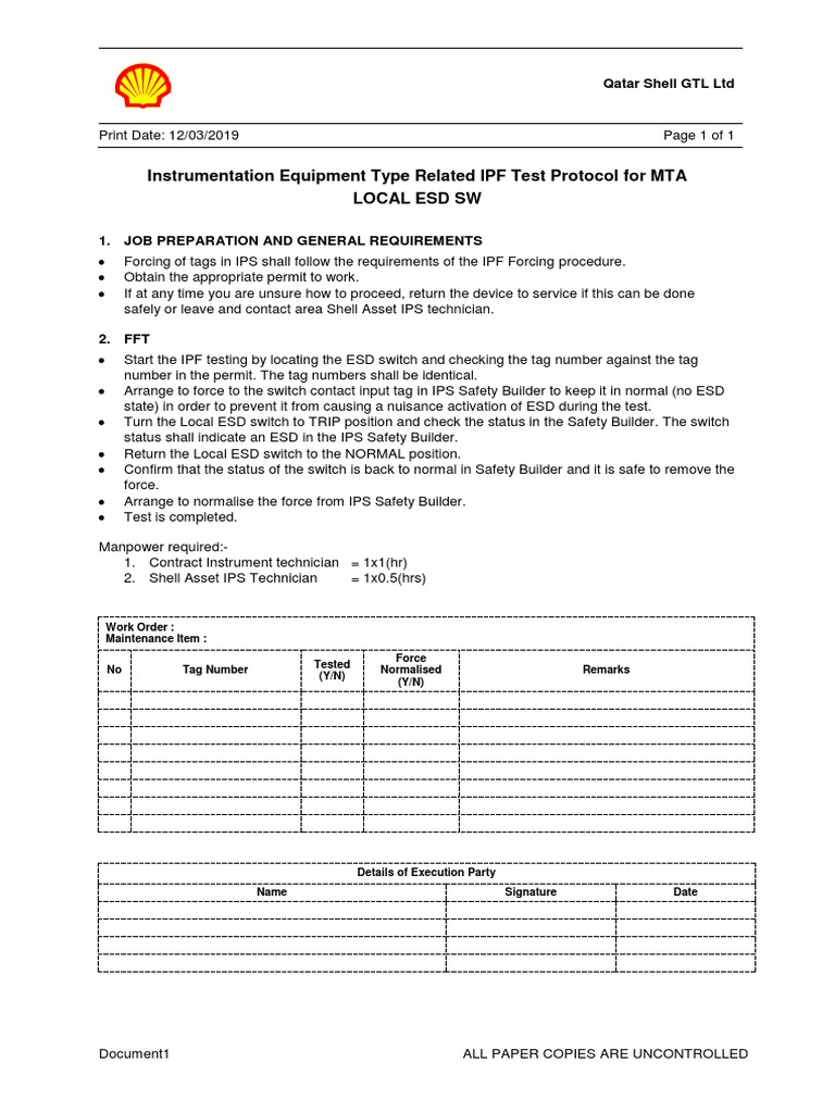 Instrumentation Equipment Type Related IPF Test Protocol For MTA Local ...