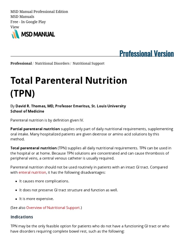 Total Parenteral Nutrition (TPN) - Nutritional Disorders - MSD Manual ...