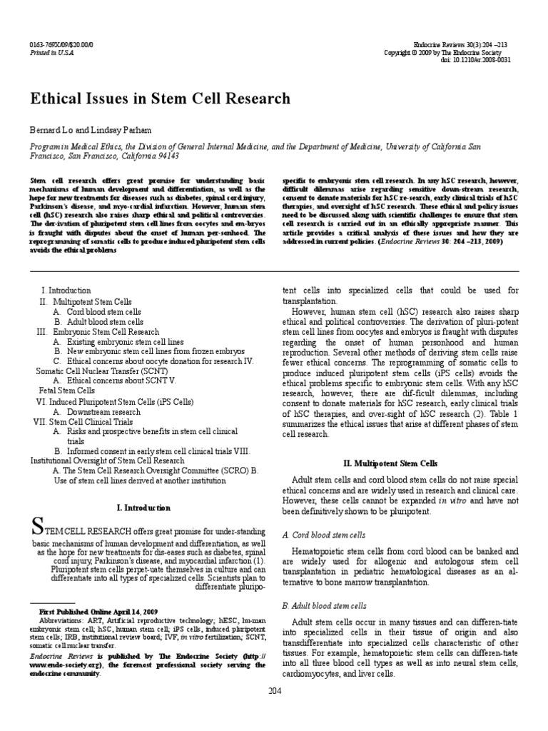 Ethical Issues in Stem Cell Research: Bernard Lo and Lindsay Parham ...