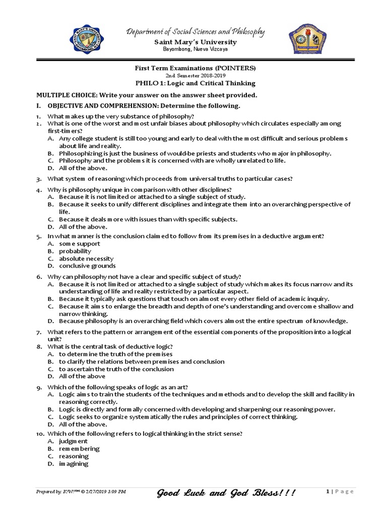 Philo 1 First Term Exam 2nd Sem 2018-19 (Pointers) | PDF | Argument ...