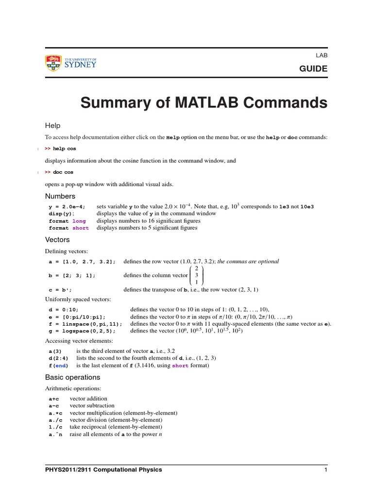 Summary Of Matlab Commands Pdf Trigonometric Functions Elementary