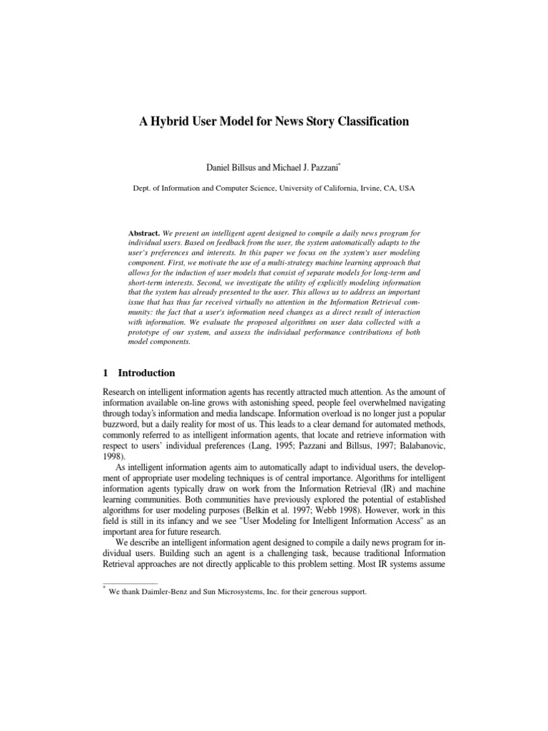 A Hybrid User Model For News Story Classification Pdf Statistical Classification Machine 