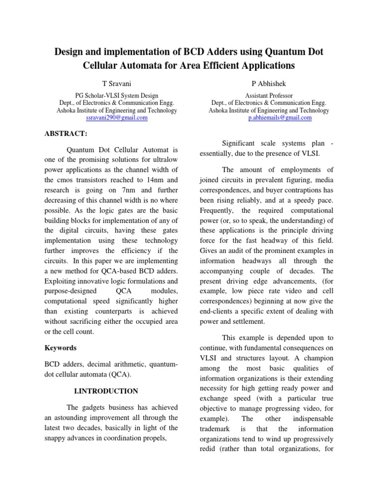 Design and Implementation of BCD Adders Using Quantum Dot Cellular Automata For Area Efficient ...