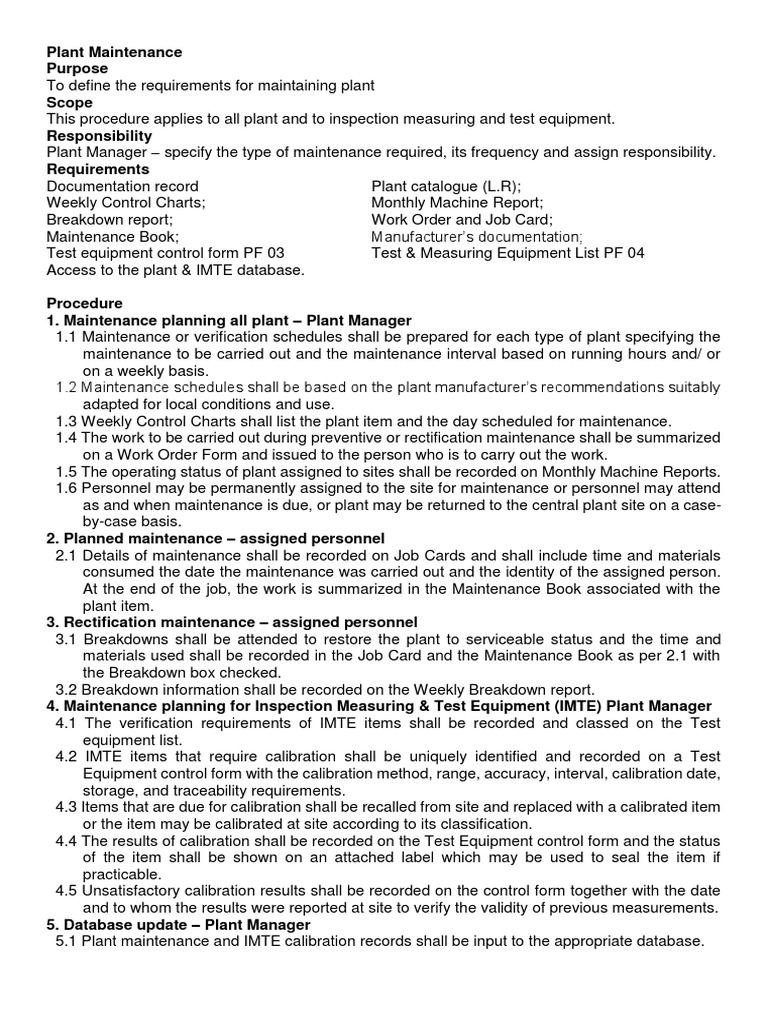 Plant Maintenance Procedures Overview | PDF | Calibration ...