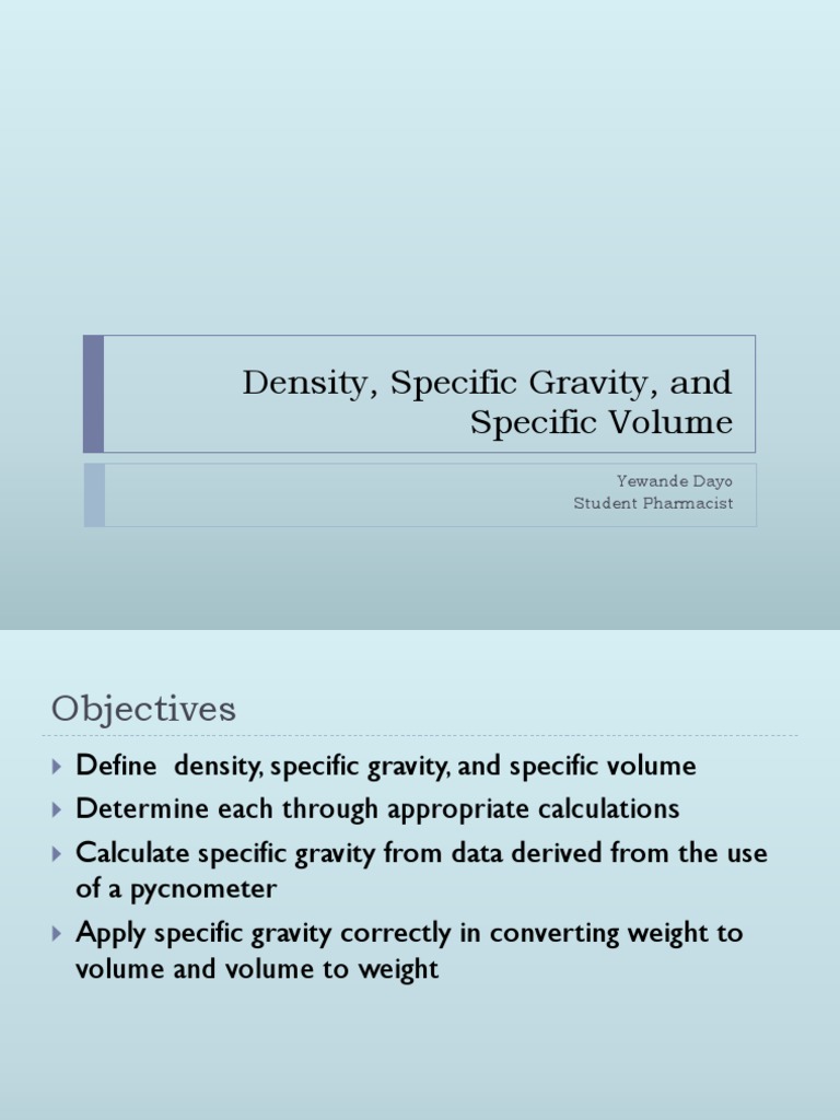 Density Specific Gravity Volume | PDF | Density | Weight