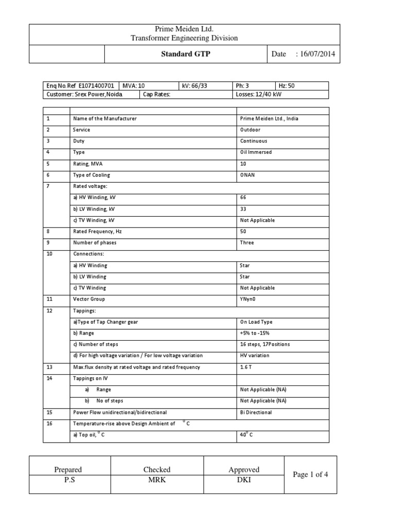 E1071400701-10MVA TR. GTP (66 - 33kV) | PDF | Transformer | Insulator ...