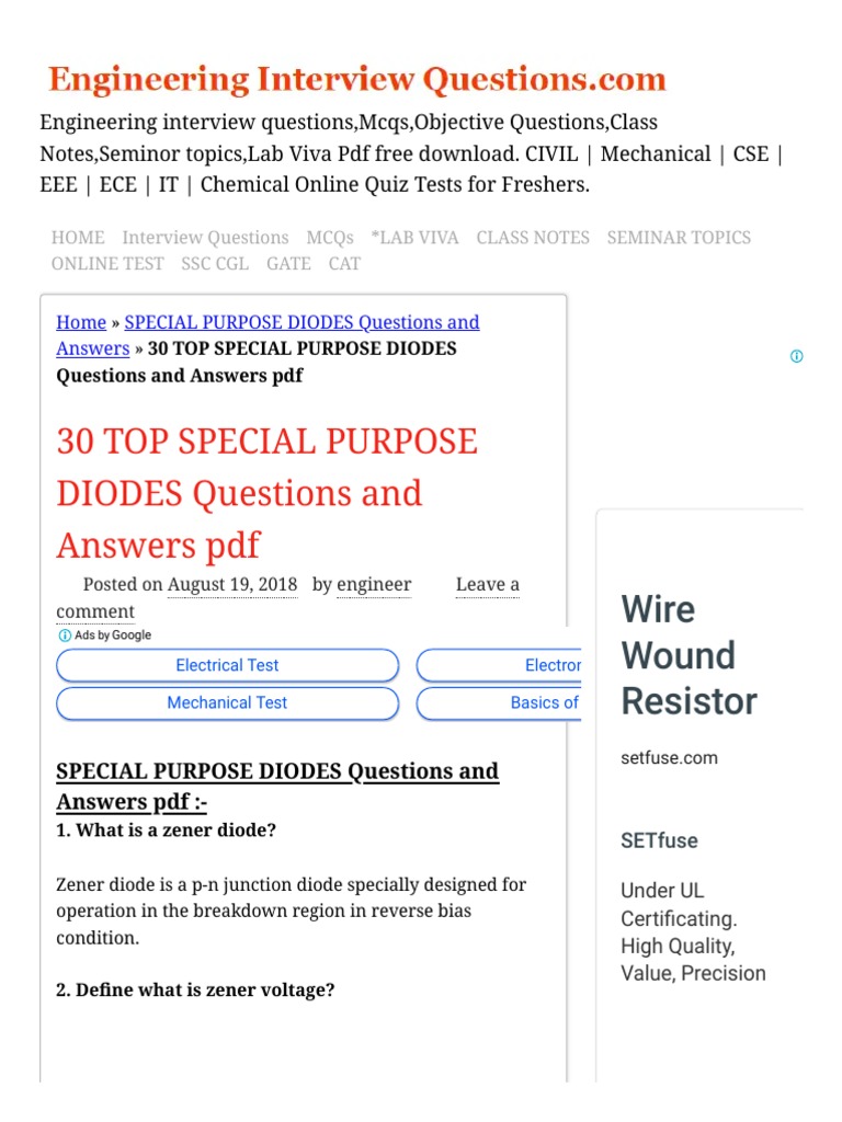 30 TOP SPECIAL PURPOSE DIODES Questions and Answers PDF SPECIAL PURPOSE ...