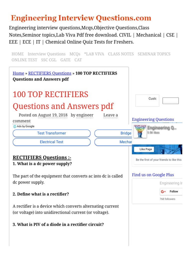 100 TOP RECTIFIERS Questions and Answers PDF RECTIFIERS Questions PDF | PDF | Rectifier | Power ...