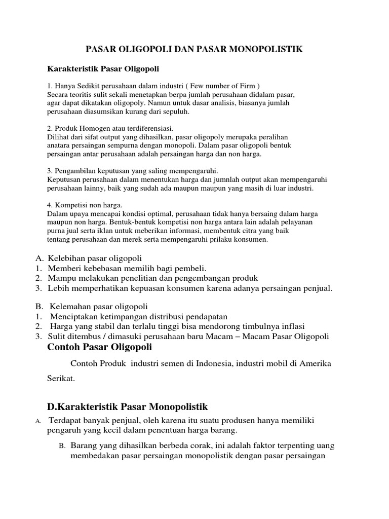 Pasar Oligopoli Dan Pasar Monopolistik Pdf Bisnis Pengelolaan