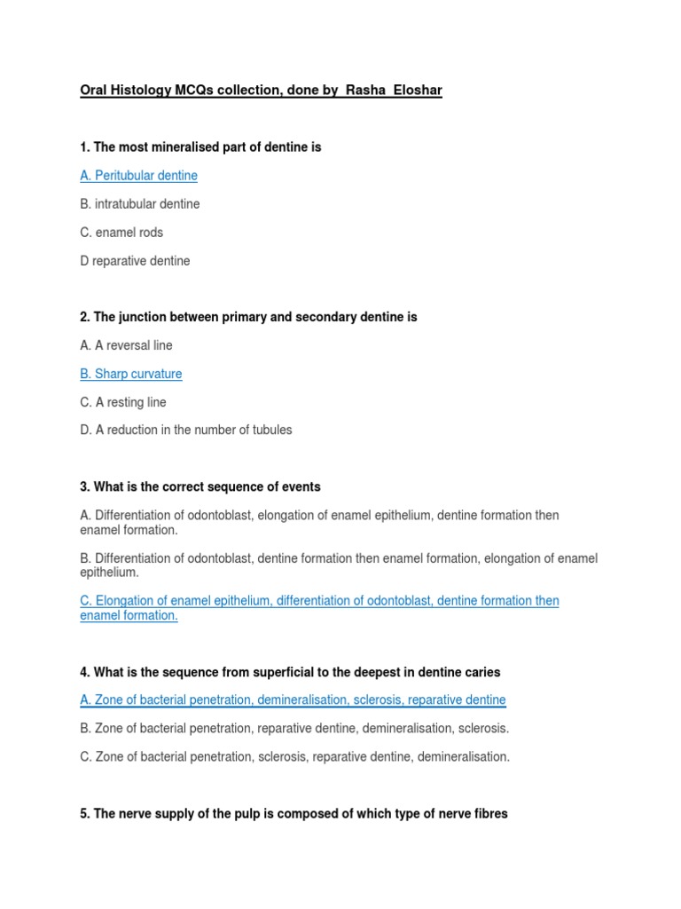 Oral Histology MCQs | PDF | Human Tooth | Tooth Enamel