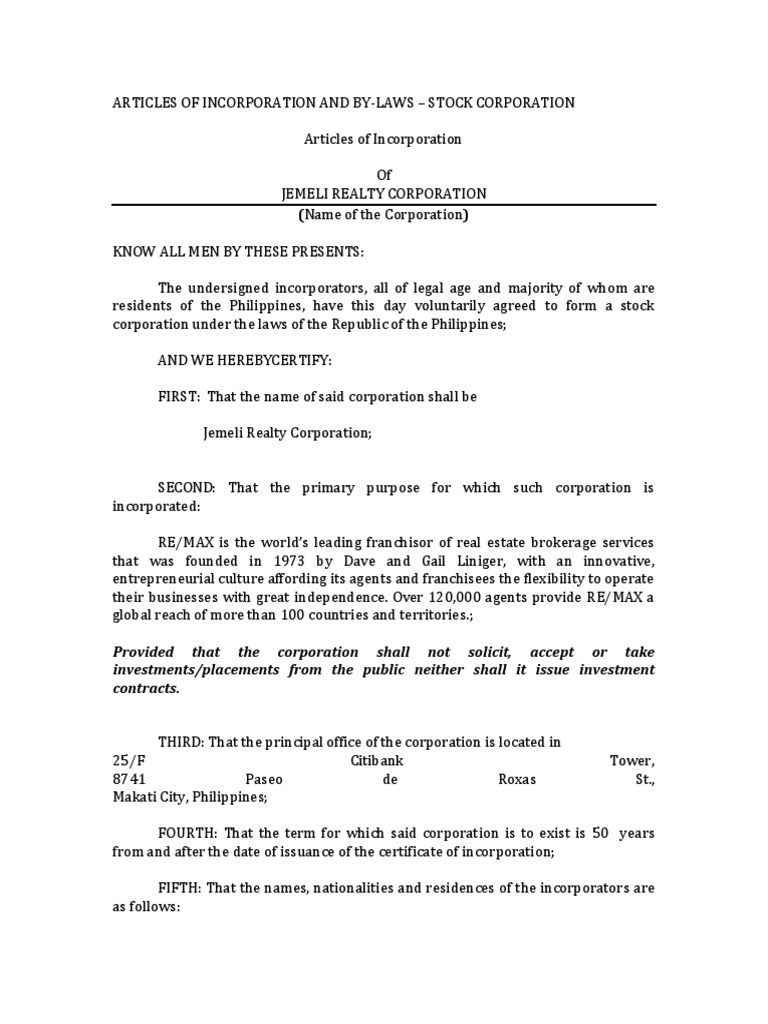 Articles of Incorporation by Laws and Treasurers Affidavit For Stock ...