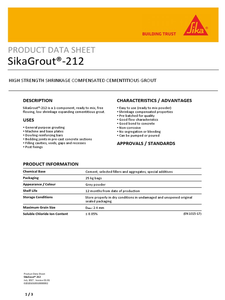 Sikagrout®-212: Product Data Sheet | PDF | Concrete | Building Engineering