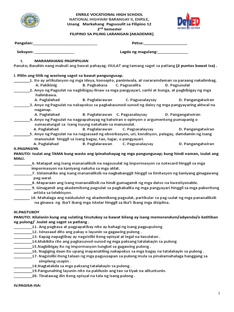 1st Summative Exam in Filipino Sa Piling Larangan