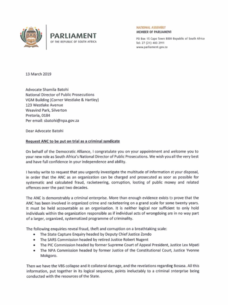 DA Letter To NDPP Shamila Batohi | PDF