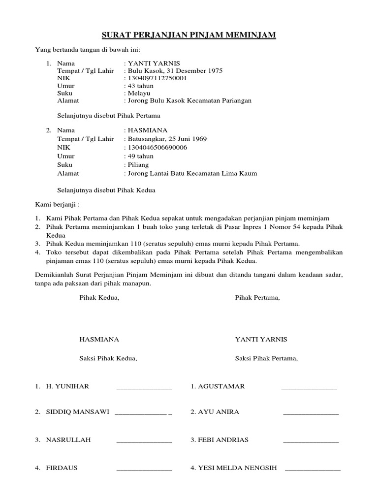 Surat Perjanjian Pinjam Meminjam | PDF