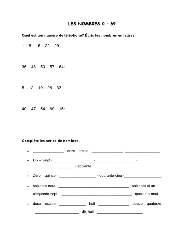 Exercices sur les nombres 0 à 69 | PDF