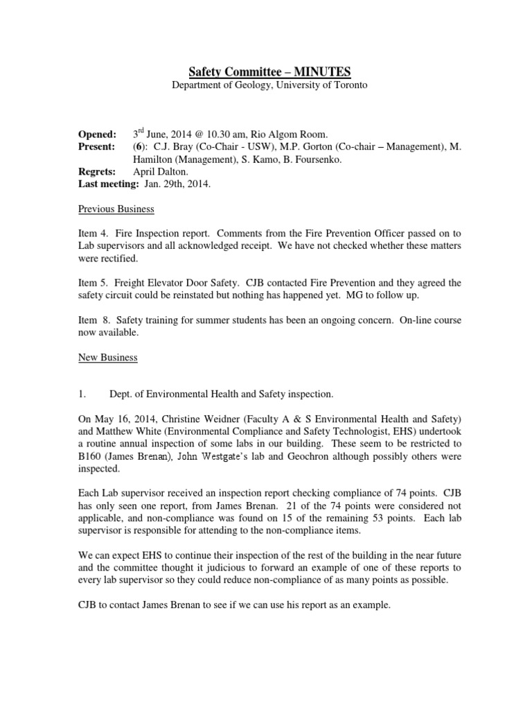Minutes of Safety Meeting Sample | PDF