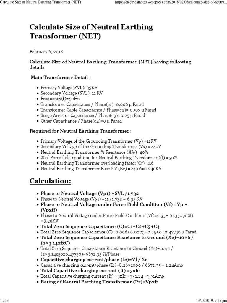 Neutral Earthing Transformer Sizing Guide | PDF | Capacitance | Transformer