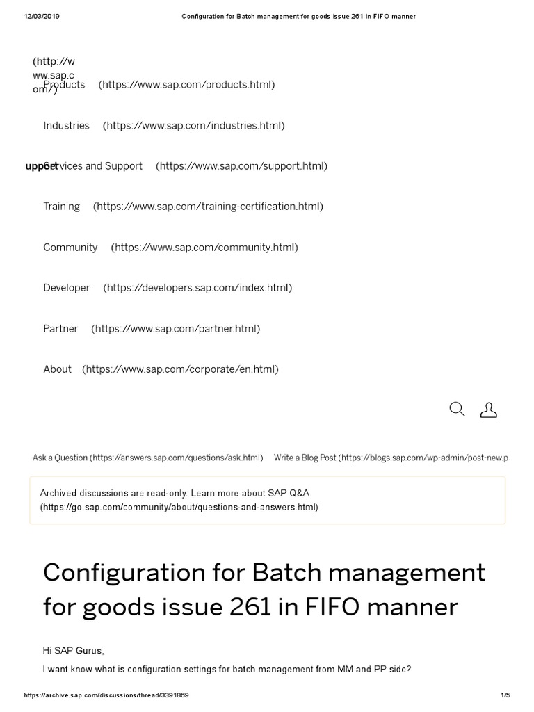 Configuration For Batch Management For Goods Issue 261 In Fifo Manner Pdf Information