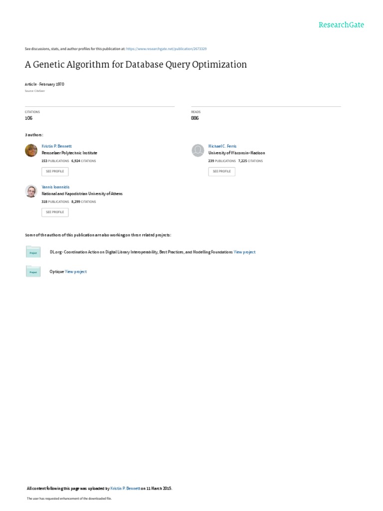 A Genetic Algorithm For Database Query Optimization: February 1970 | PDF | Databases | Genetic ...