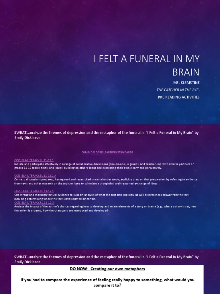 I Felt A Funeral in My Brain Dicksinson | PDF | Rhyme | Emily Dickinson
