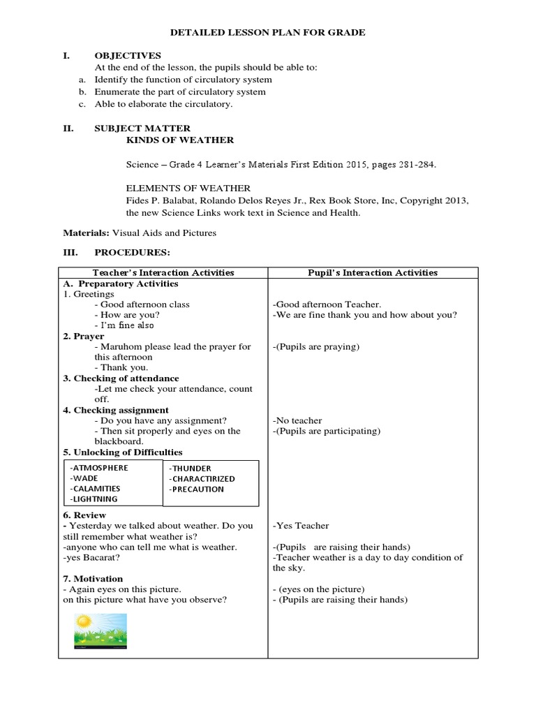 DETAILED LESSON PLAN FOR GRADE 4a k12 | PDF | Cloud | Sky