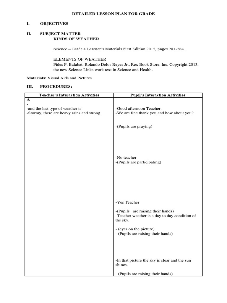 Detailed Lesson Plan For Grade 4a k12 | PDF | Sky | Cloud