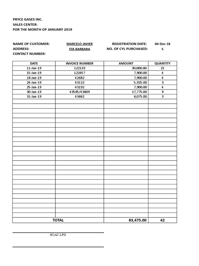 Pryce Gases Inc. For The Month of January 2019 Sales Center | PDF ...