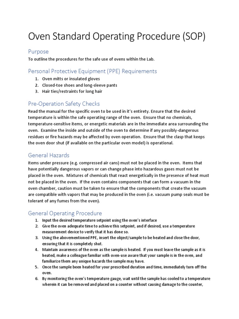 Oven SOP | PDF | Vacuum | Personal Protective Equipment