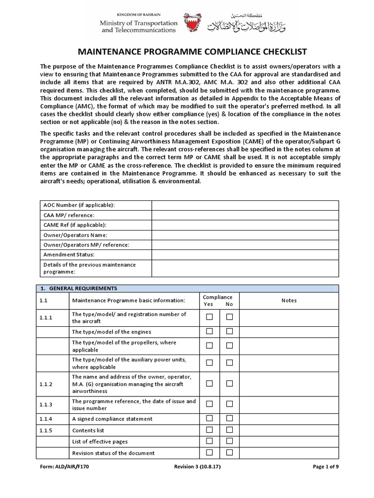 CAA Bahrein Maintenance Programme Compliance Checklist | PDF ...
