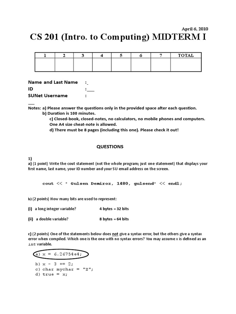 2010 Spring Midterm1 Solutions | PDF | Variable (Computer Science) | Parameter (Computer ...
