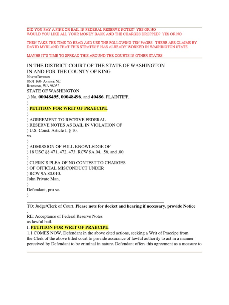 Petition for Writ of Praecipe Against Judge | Theft | Legal Tender