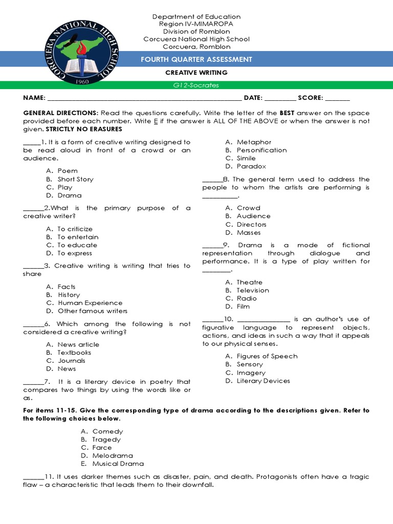 Creative Writing Exam - Fourth Quarter | PDF | Genre | Writers