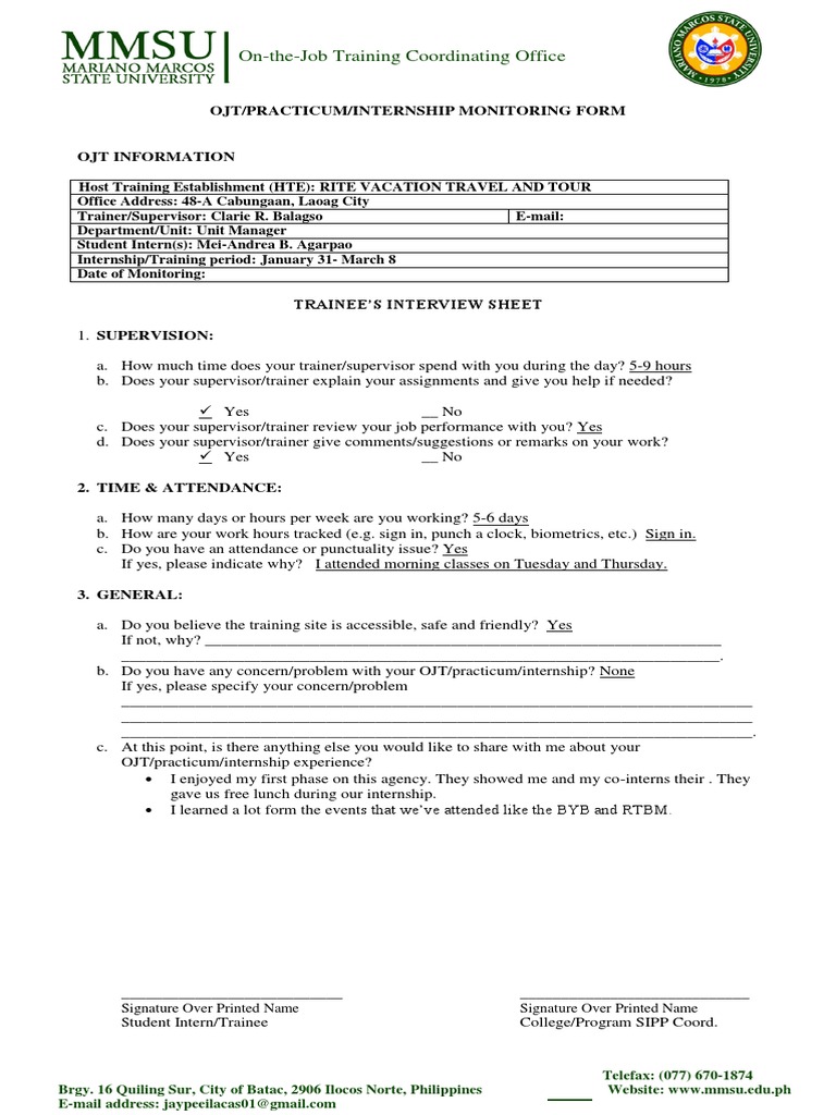 On-the-Job Training Coordinating Office: Ojt/Practicum/Internship Monitoring Form | PDF | Business