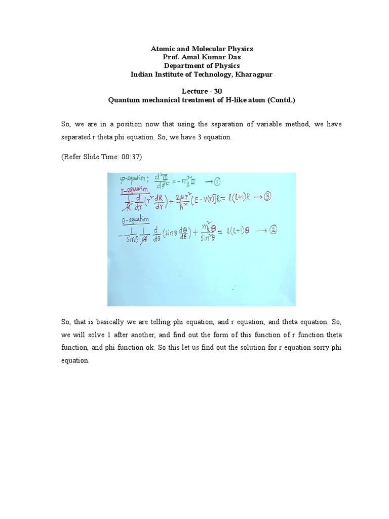 Lec 30 | PDF | Wave Function | Equations