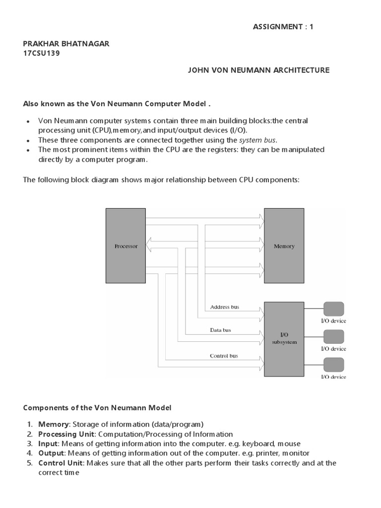 Assignment: 1 Prakhar Bhatnagar 17CSU139 John Von Neumann Architecture | PDF