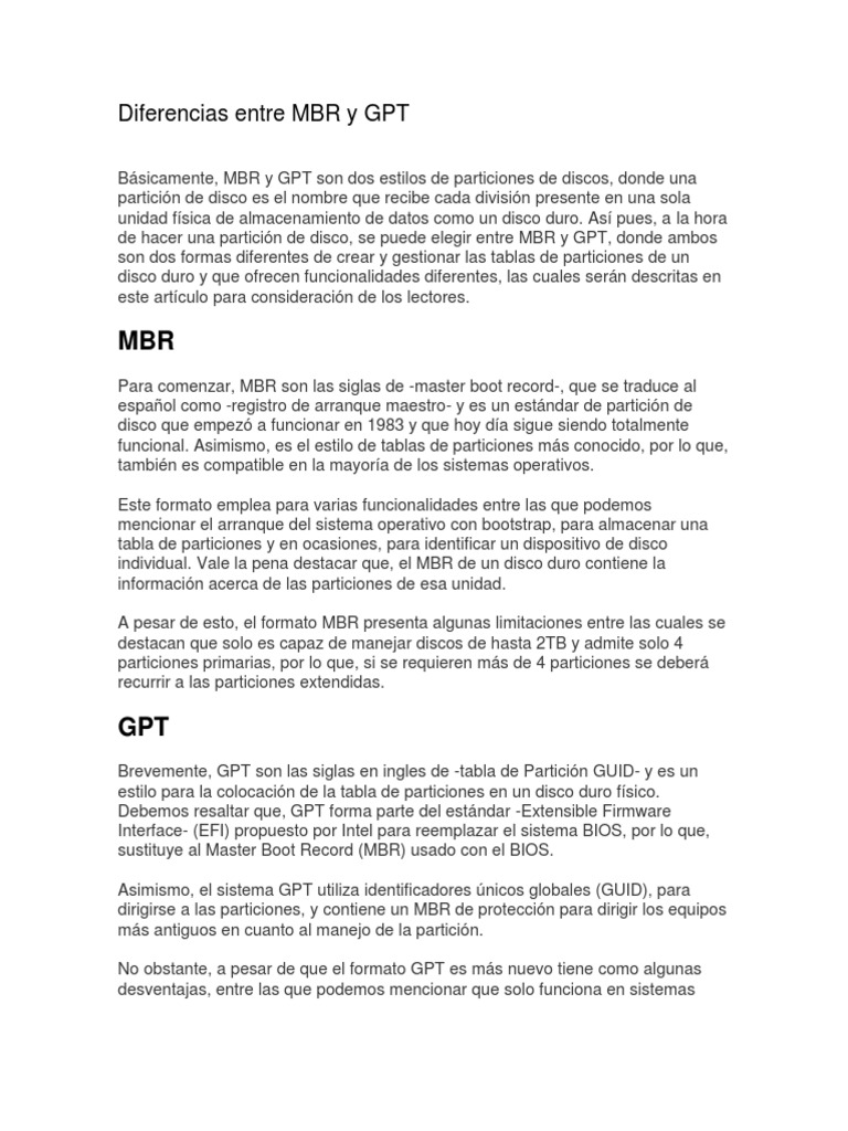 MBR vs GPT: Diferencias Clave en Particiones | PDF | Gestión de datos ...