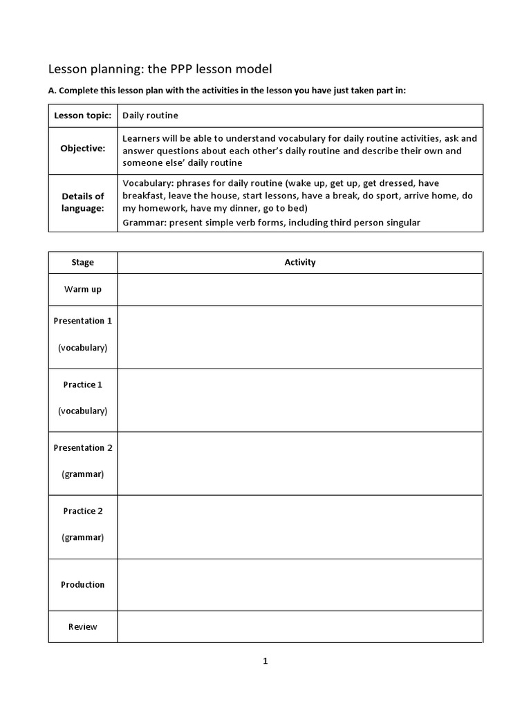 PPP Lesson Planning for Daily Routines | PDF | Lesson Plan | Cognition