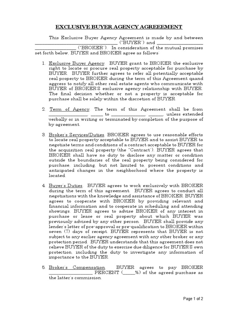 Exclusive Buyer Agency Agreement | PDF | Real Estate Broker | Common Law