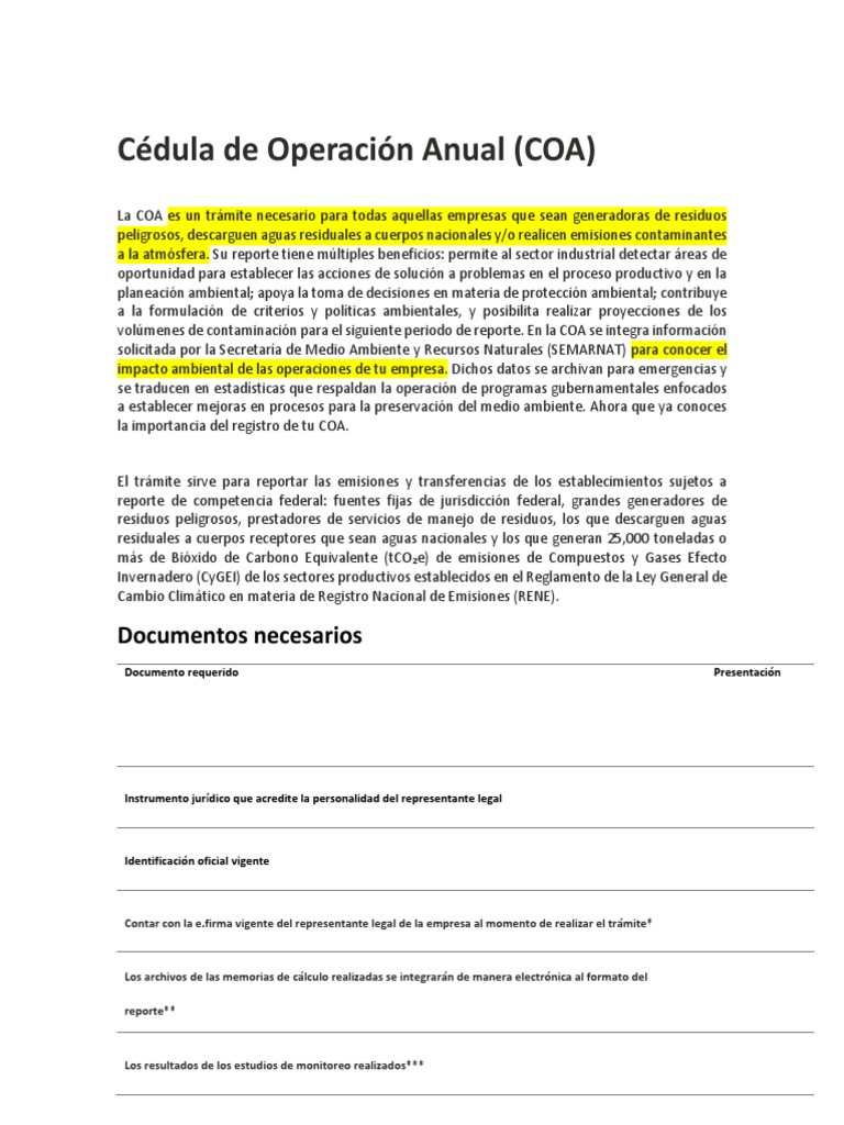 Cédula de Operación Anual (COA) : Documentos Necesarios | PDF ...