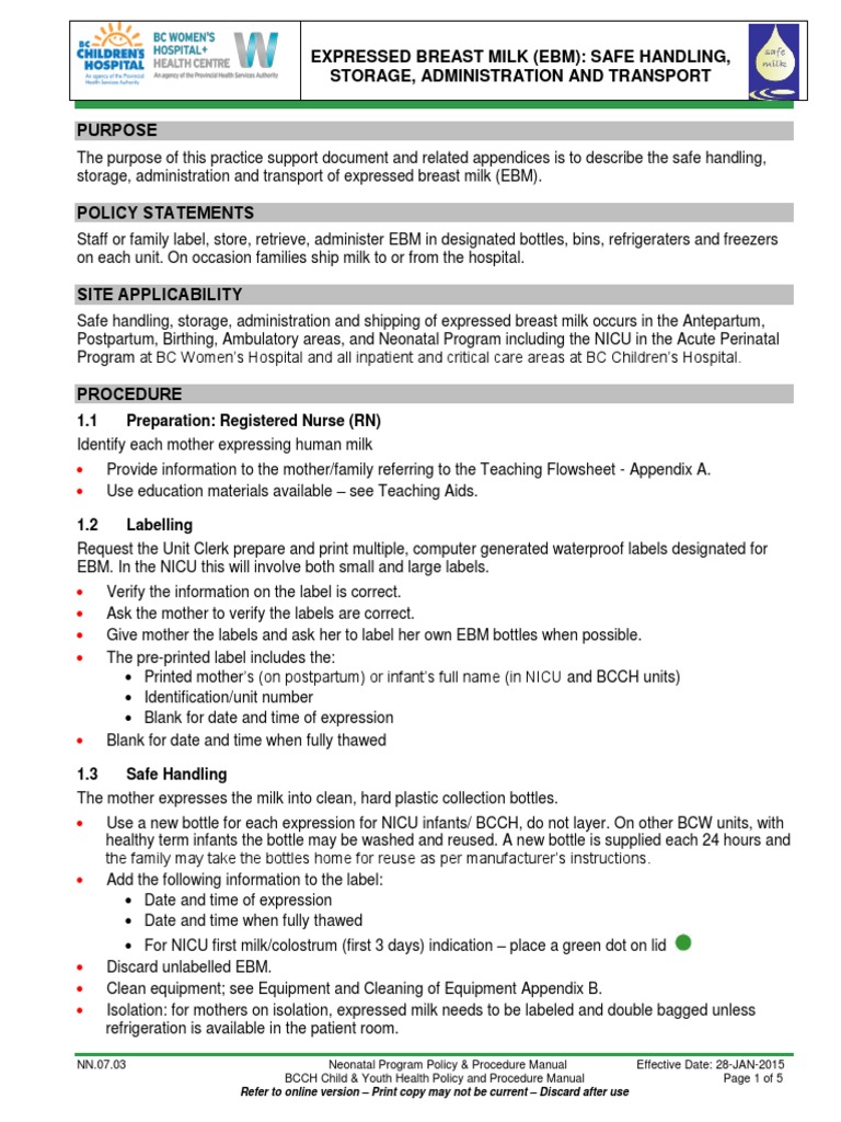 Expressed Breast Milk (Ebm) : Safe Handling, Storage, Administration ...