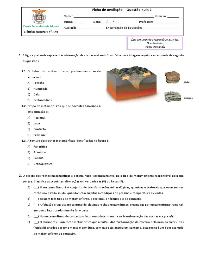 Ficha de Avaliacao Questao Aula 2 | PDF | Petrologia | Rochas (Geologia)