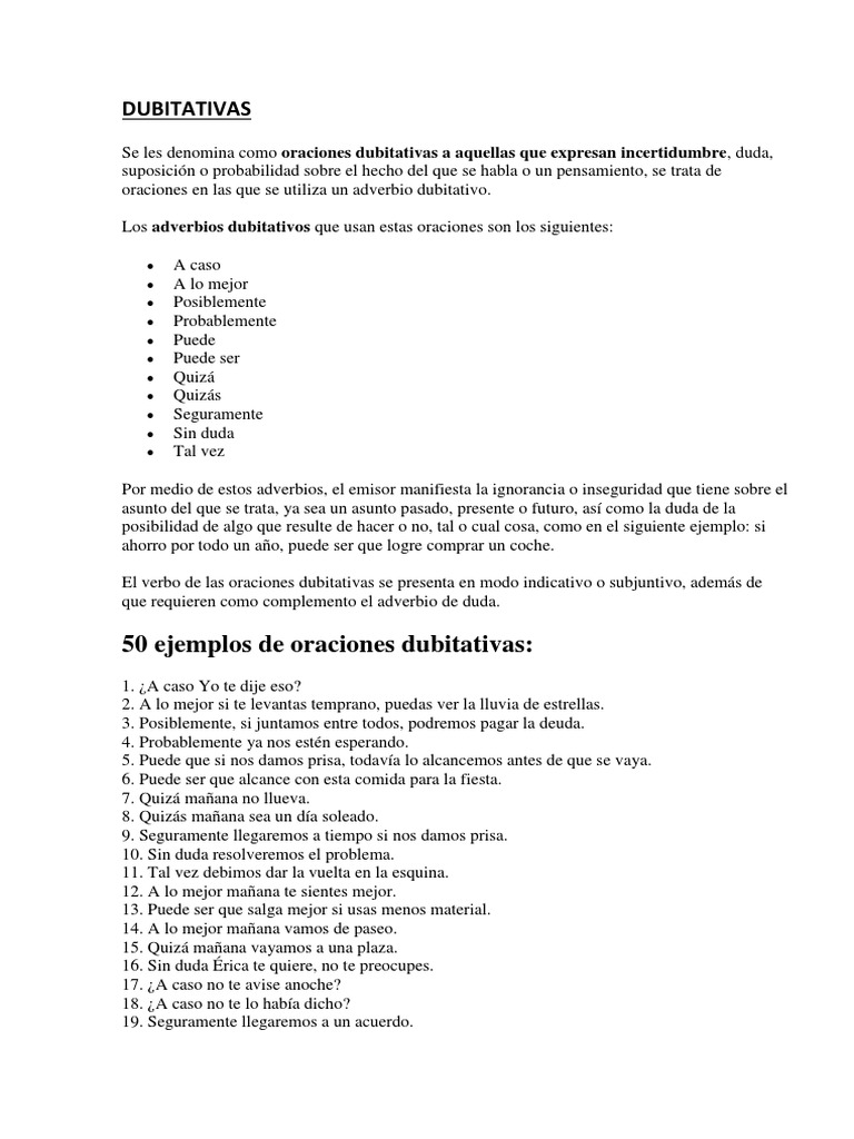 DUBITATIVAS | Oración (Lingüística) | Adverbio | Prueba gratuita de 30 ...