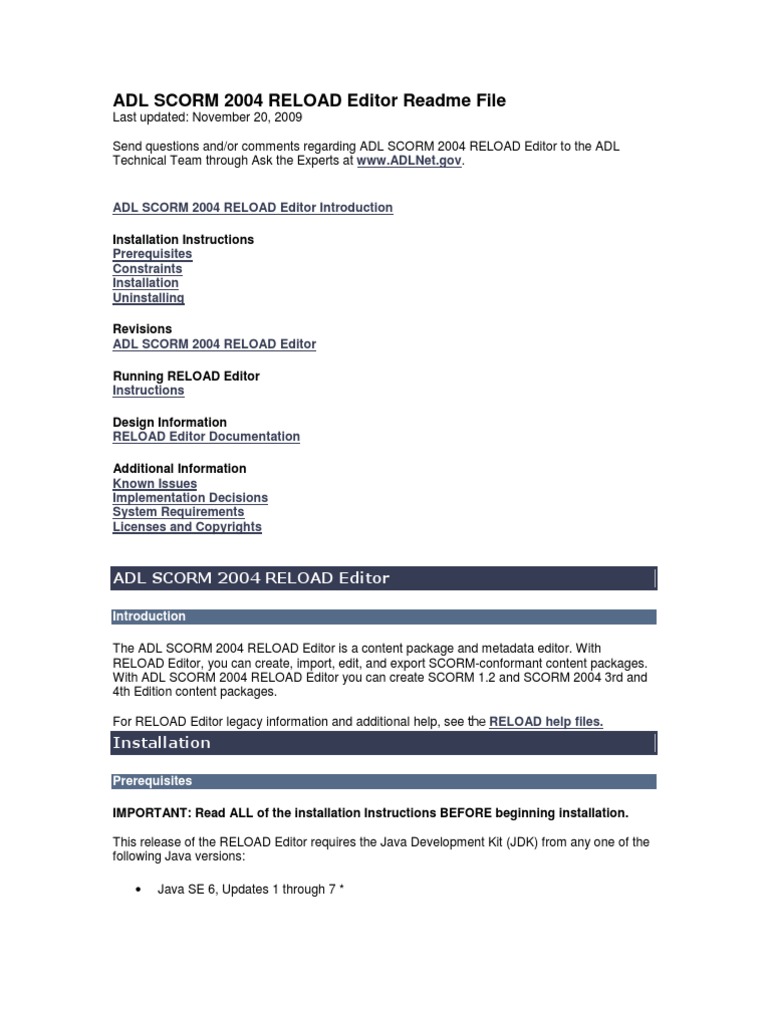 ADL SCORM 2004 RELOAD Editor Version 1.1 Readme File | PDF | Java Version History | Java ...