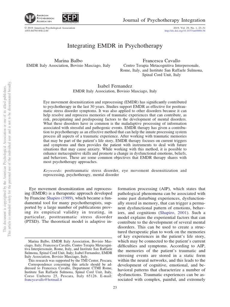 EMDR Integration in Psychotherapy-2019 | PDF | Eye Movement ...