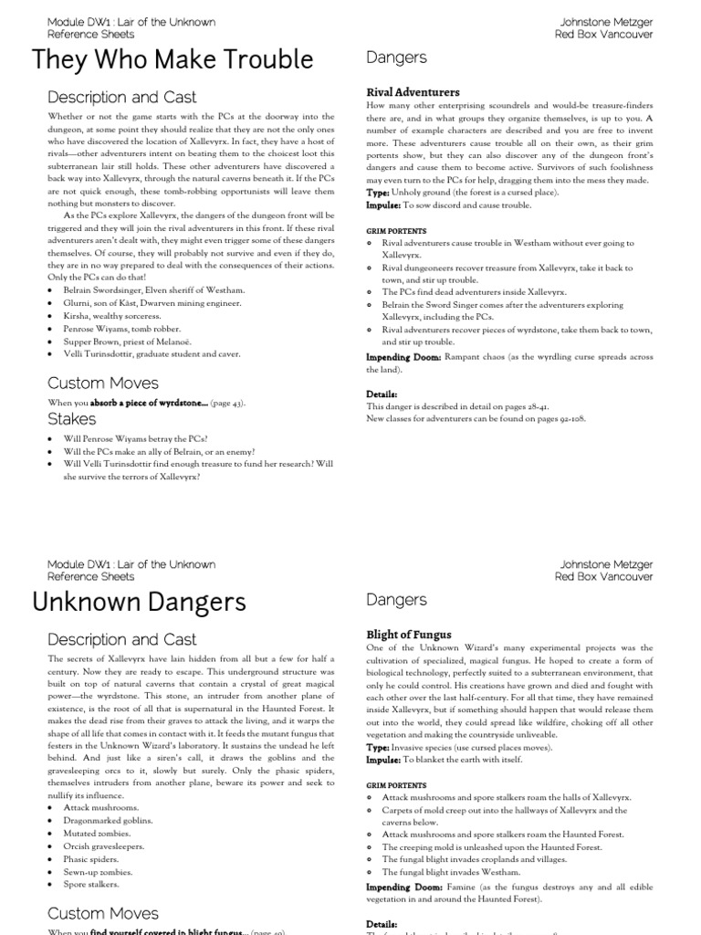 Dungeon World - (DW1) Lair of The Unknown - Reference Sheets | PDF ...