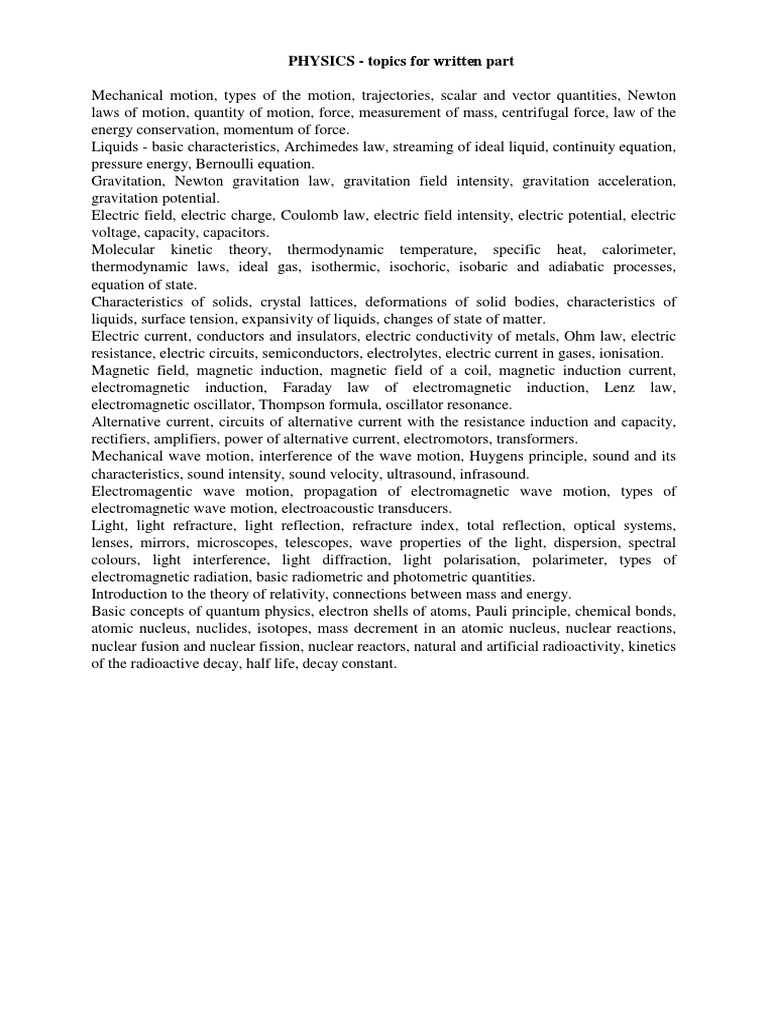 PHYSICS - Topics For Written Part | PDF | Electric Current ...